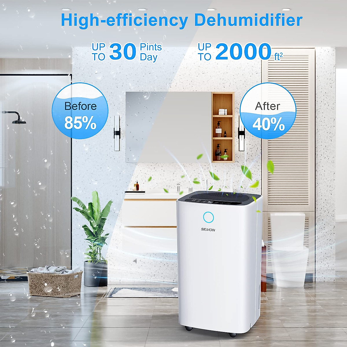 SEAVON 30 Pint Dehumidifiers for 2000 Sq. Ft Home Basement with Drain Hose, Dehumidifier with Auto and Manual Drainage,12 Hours Timer, Child Lock, Dry Clothes, Intelligent Humidity Control for Bedroom