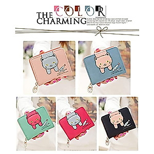 Girls Women Faux Leather Small Wallet Cute Cat Pattern Clutch Purse Coin Holder Card Organizer,Bifold (Blue)