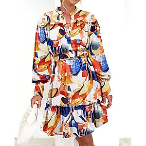 KIRUNDO Women Long Sleeve Dress Button Up Oil Mottled Print Exotic Dresses Casual Loose Elastic Waist A Line Short Dress Party Dress Homecoming Dresses(Blue, Small)