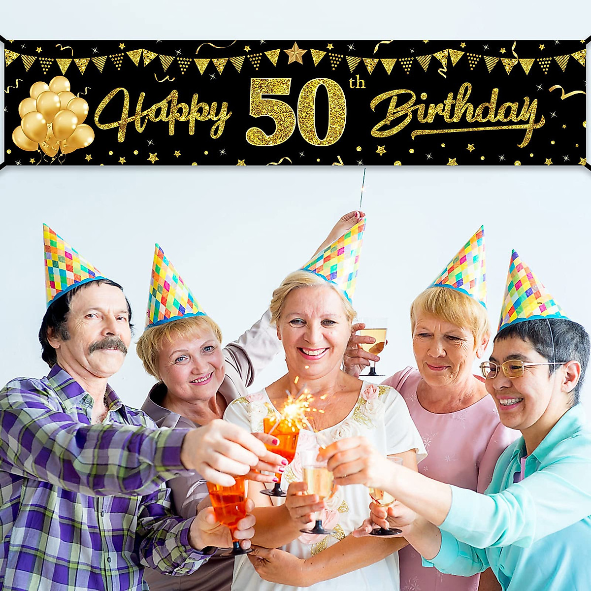 Happy 50th Birthday Banner Decorations, Black Gold 50 Birthday Sign Party Supplies for Men Women, Fifty Birthday Decor Photo Booth Props for Outdoor Indoor