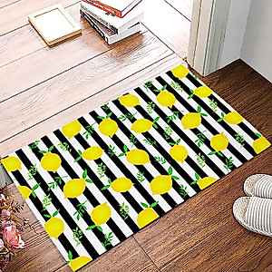 Door Mat for Bedroom Decor, Fresh Lemon on Black Stripes Floor Mats, Holiday Rugs for Living Room, Absorbent Non-Slip Bathroom Rugs Home Decor Kitchen Mat Area Rug 18x30 Inch