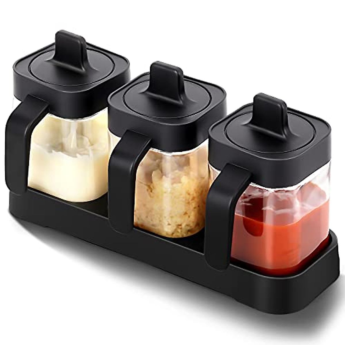 Kivsty 3 Pack Sugar Bowls Set with Spoons and Lids - High Capacity 13oz Spices and Seasonings Containers - Glass Spice Jar Seasoning Box for Home Kitchen Coffee Bar(Black Square Base)