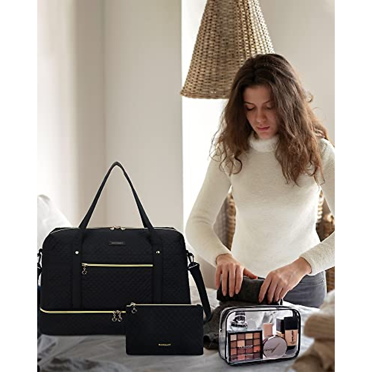 BAGSMART Travel Duffle Bag 3 Pcs Set Weekender Overnight Bag for Women with Makeup Bag & Clear Toiletry Bag, Carry On Bag with Shoe Compartment for Travel, Business Trips(Black)