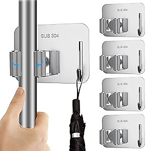 Drek Crek Mop Broom Holder Wall Mounted Heavy Duty No Drill, Adhesive Mop Broom Organizer, 304 Stainless Steel Mop Hanger Wall Mount Stick on w Hooks for Bathroom,Kitchen,Closet,Garage,Garden, 4PCS