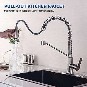 Kitchen Sink Faucets, GUSITE Spring Stainless Steel Single Handle Kitchen Faucets with Pull Down Sprayer, 1 or 3 Holes (Brushed Nickel)