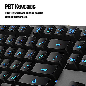 Basaltech Mechanical Feeling Keyboard with LED Backlit, 104-Key Quiet Membrane Keyboard for Gaming or Office, Ergonomic Silent Water-Resistant Light Up Wired USB for Computer,Mac,Laptop
