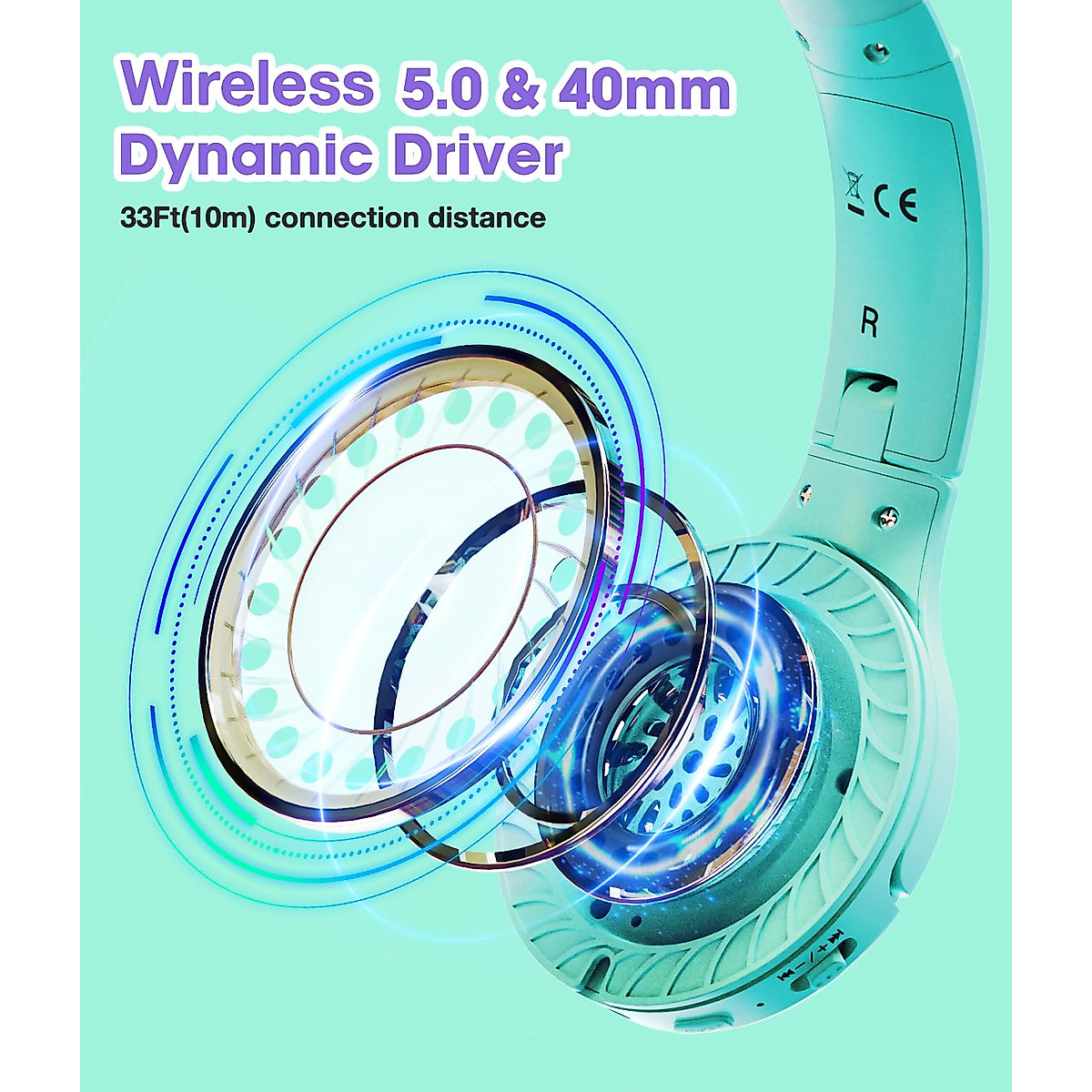 KONNAO Kids Headphones Wireless 60H, Foldable On Ear Headphone with MIC, Volume Limiter 85dB/94dB Wireless & Wired Headphones, Over-Ear Headphone for Kid Adult School Online Class Travel, Green