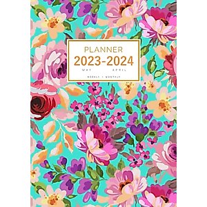 Planner 2023-2024: A4 Weekly and Monthly Organizer from May 2023 to April 2024 | Painted Colorful Flower Design Turquoise