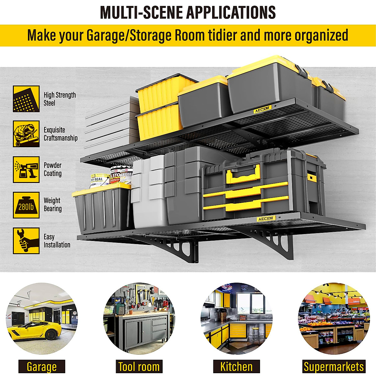 Aecxm 2pack-1.64x4ft Garage Storage Rack - Floating Wall Shelves, Heavy Duty, Sturdy, Wall Mounted (Black)