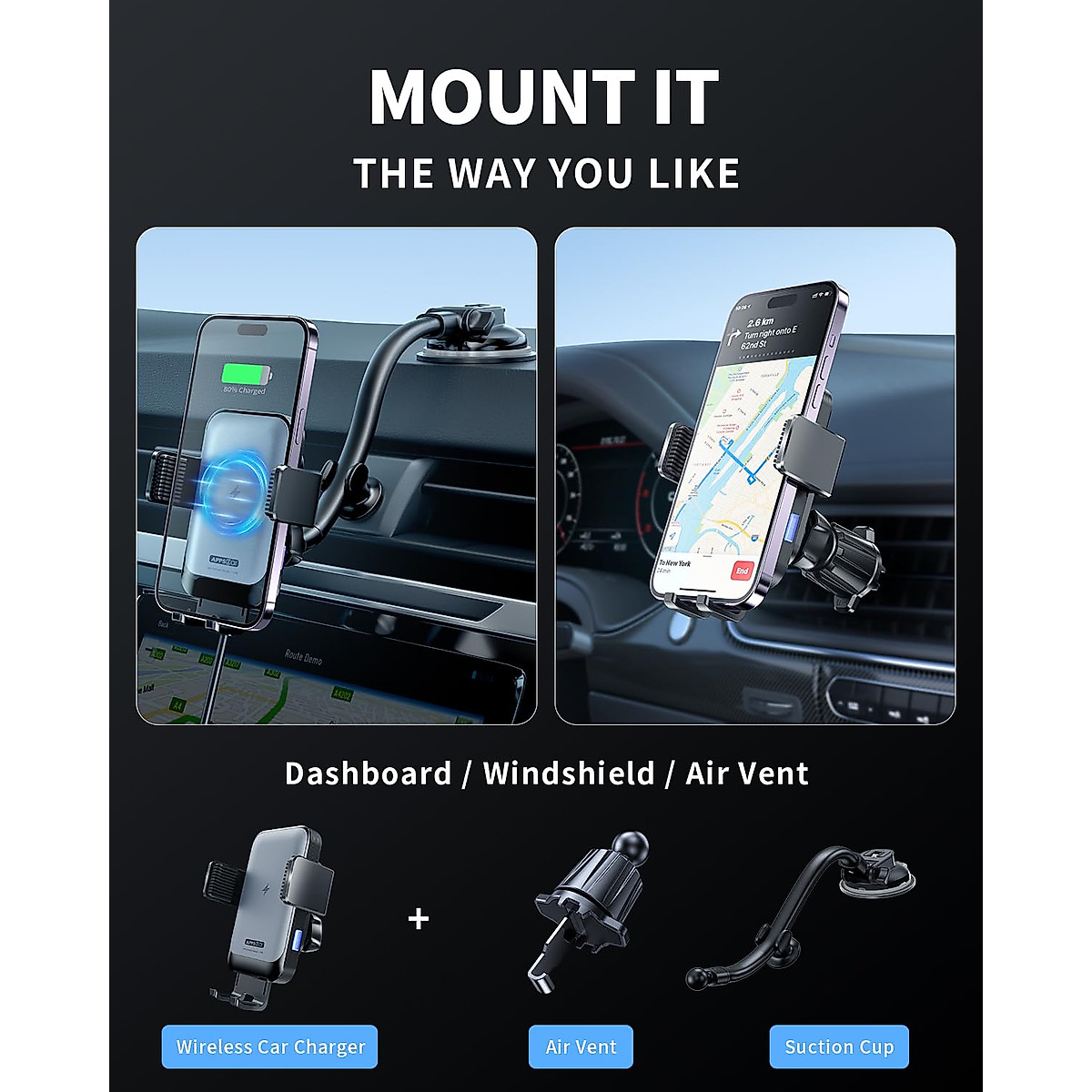 APPS2Car Wireless Car Charger Auto Clamping Wireless Car Charger Mount Car Phone Holder Wireless Charger for Dashboard & Air Vent Phone Mount for Car Wireless Charging for iPhone 15/14/13 Galaxy etc