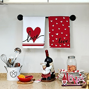 ARKENY Valentine Day Kitchen Towels Red Heart Dish Towels 18x26 Inch Ultra Absorbent Wedding Drying Cloth Love Sign Hand Towel for Valentine Decorations Set of 2