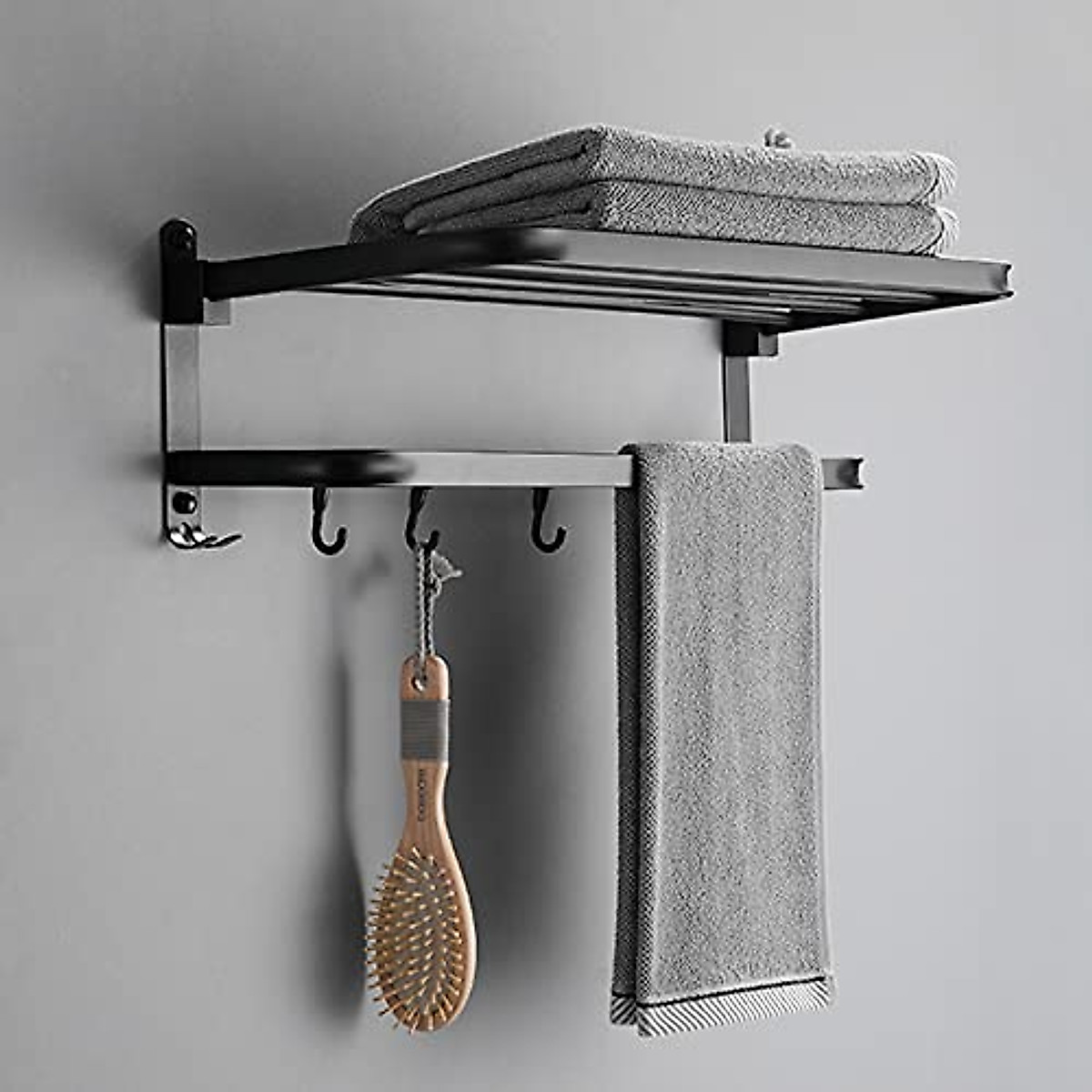 WKZZTCGD Black Bathroom Towel Rack,Stainless Steel Towel Holder with Hooks,Wall Mounted Foldable Double-Deck Shelf Bars