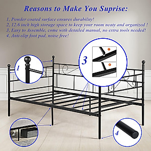 Liink1Ga Metal Daybed Frame Twin Size with Headboard,Square Stable Steel Slats,Mattress Platform Bed Sofa for Living Room Guest Room,Black