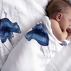 JumpOff Jo - Baby Muslin Swaddle Blanket, 47" x 47" - Ultra Soft 70% Rayon derived from Bamboo & Muslin 30% Cotton Lightweight Receiving Blanket, Machine Washable - Mama Bear Blue