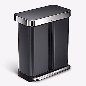 simplehuman 58 Liter / 15.3 Gallon Rectangular Hands-Free Dual Compartment Recycling Kitchen Step Trash Can, Black Stainless Steel