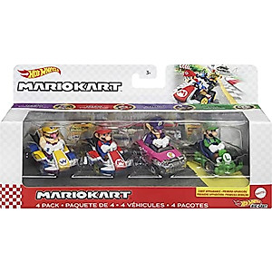 Hot Wheels Mario Kart Vehicle 4-Pack, Set of 4 Fan-Favorite Characters Includes 1 Exclusive Model, Collectible Gift for Kids & Fans Ages 3 Years Old & Up
