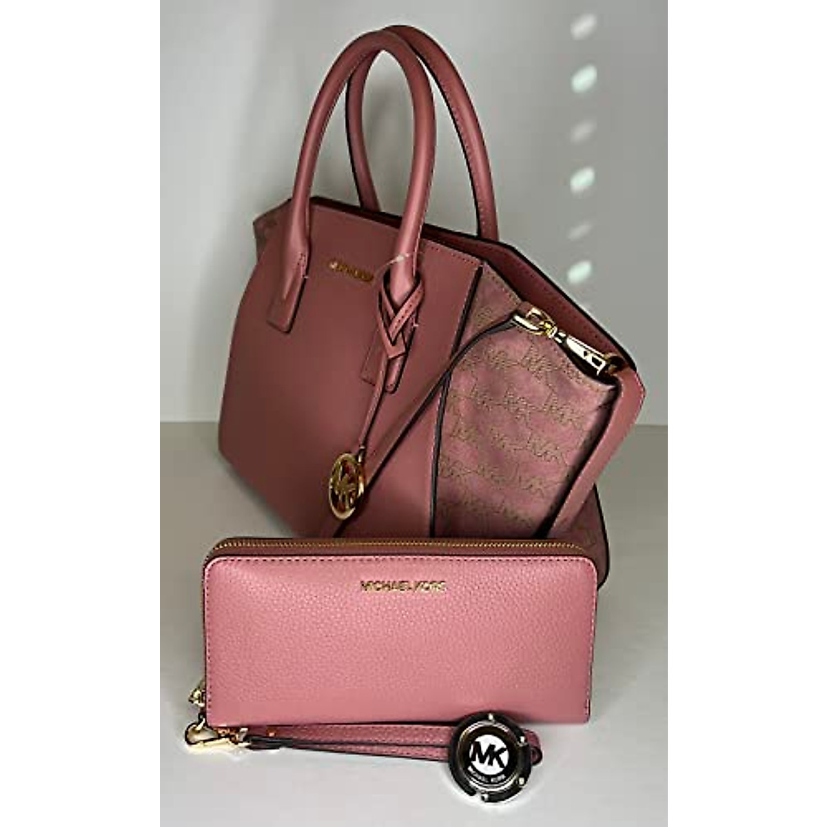 Michael Kors Avril Large Top-Zip Satchel bundled with Large Continental Wristlet Purse Hook (Rose)