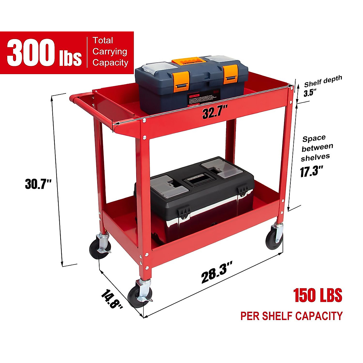 HPDMC 2-Tier Utility Cart 300lbs Capacity Heavy Duty Steel Service Cart with Wheels, Rolling Tool Cart on Wheels, Garage Tool Push Cart for Mechanic, Garage, Workshop, Warehouse, Office