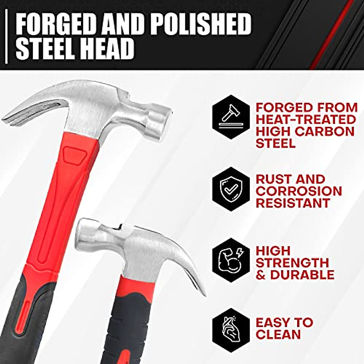 C&T 2 Piece Hammer Set,8oz Stubby Claw Hammer With Magnetic Nail Starter & 16oz Fiberglass General Purpose Claw Hammer & 560pcs Hardware Nail Assortment Kit, Soft Nonslip Handle & Heat Treated Head