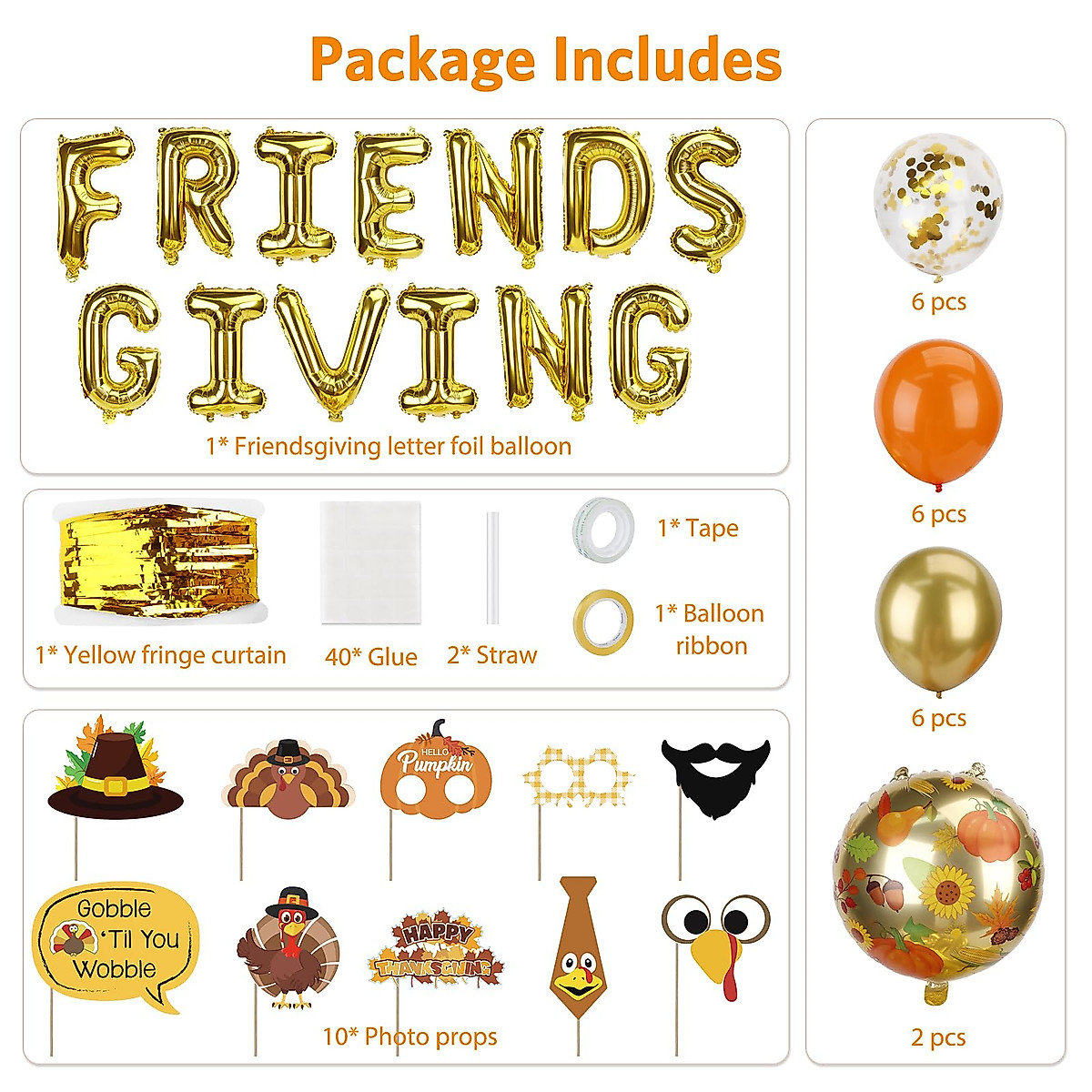 Friendsgiving Party Decorations, Friendsgiving Balloons Garland Kit includes Gold "FRIENDS GIVING" Foil Banner, 14 Balloons, 10 Photo Props and 1 Gold Fringe Curtain, 38 Pcs Thanksgiving Fall Decor