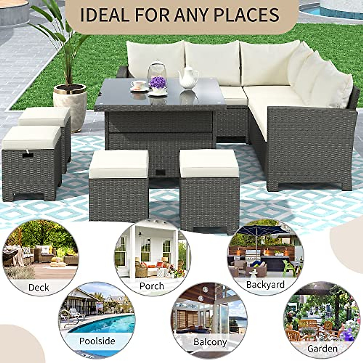 DHHU Patio Furniture, 8 Piece Weather Brown Wicker Sectional Sofa, Outdoor Conversation Set, Dining Table Chair with Ottoman, Cushions, Beige