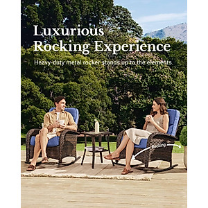 HILLGA 3 Pieces Rocking Chair Outdoor with 6" Thick Cushion, Oversized Patio Rocking Chairs Set of 2, Comfortable High Back Wicker Rockers with Side Table for Garden Porch Balcony & Backyard(Blue)