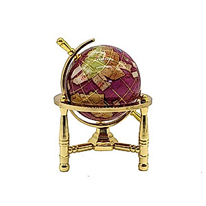 Unique Art 6-Inch Tall Pink Rubilite Pearl Swirl Ocean Mini Table Top Gemstone World Globe with Gold Tripod