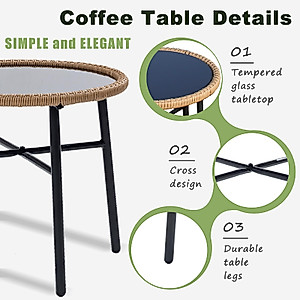 3 Pieces Outdoor Chairs Set, Boho Indoor Outdoor All Weather Woven Rope Furniture Set, Tan Wicker Chat Set with White Cushions, Rattan Sets for Balcony, Garden, Front Porch,Indoor,Living Rooms