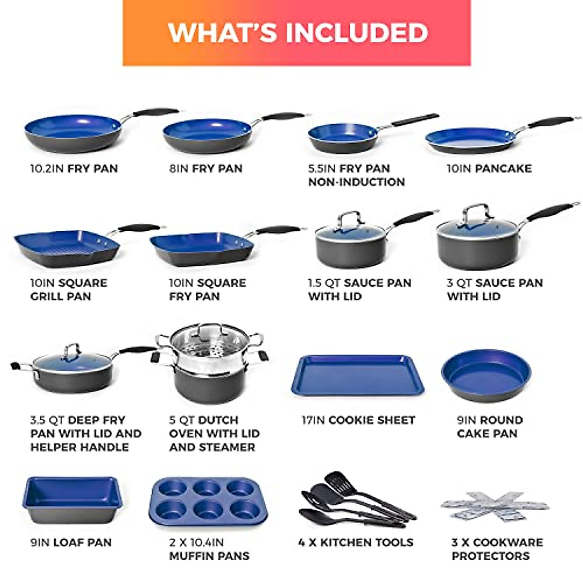 Mueller Sapphire UltraClad Kitchen Pots and Pans Set Nonstick Induction Cookware Sets -24pc Induction Pots and Pans for Cooking Kitchen Cookware Sets,Frying Pans Nonstick Pots and Pans Set