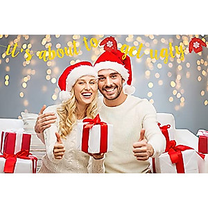 It's About To Get Ugly Banner Gold Glitter - Christmas Ugly Sweater Party Decorations,Ugly Christmas Sweater Party Supplies, Grinch Christmas Decorations,Christmas Elf Party Decorations,Christmas Party Decorations(Pre-Assembled)