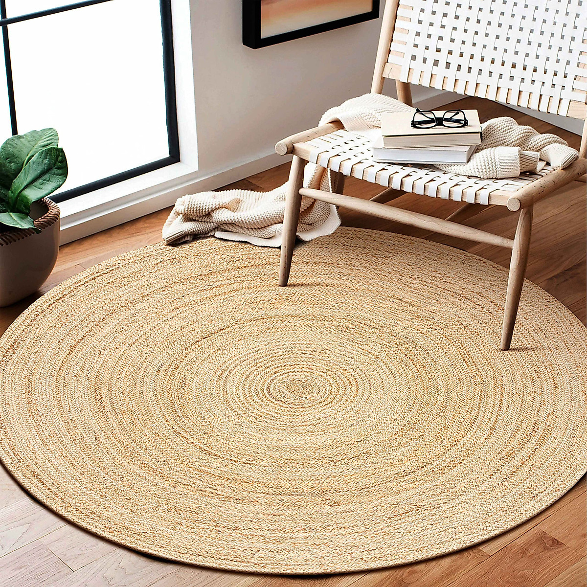 THE BEER VALLEY Jute Braided Farmhouse Area Rug, 6' Round - Natural, Hand Woven Boho Reversible Rugs for Living Room, Kitchen, Bedroom - 6 Feet Round