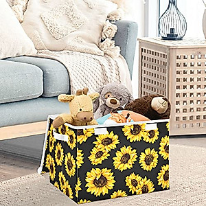 CaTaKu Sunflower Black Storage Bins with Lids Fabric Large Storage Container Cube Basket with Handle Decorative Storage Boxes for Organizing Clothes Shelves