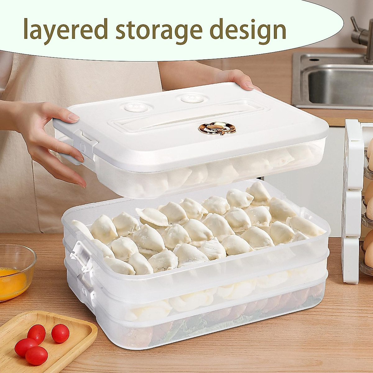 Rzmyencg Food Storage Containers with Lids,Cookie Storage Containers Airtight,Dumpling Storage Box,4-Layer Stackable Snack Container,Time Recoder