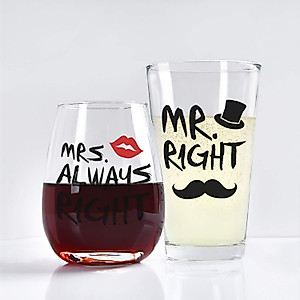 Mr. Right and Mrs. Always Right Wine Glass and Beer Glass Set, Glass Set for Engagement Wedding Anniversary, Couples Newlyweds Wife Husband Mr and Mrs