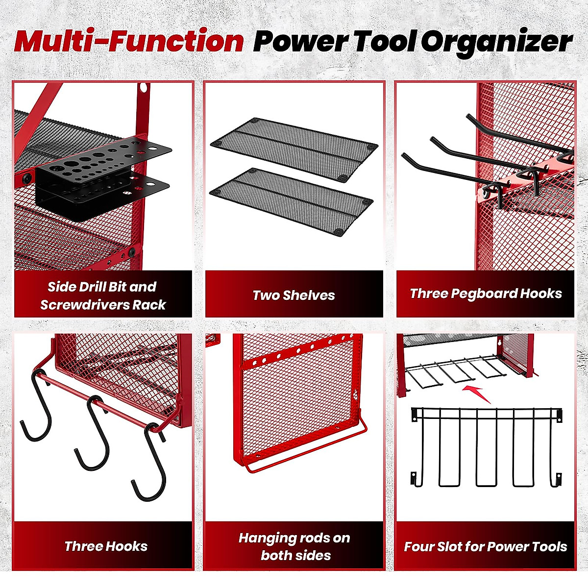 Saker Power Tool Organizer Wall Mount, Power Tool Organizer with Charging Station, 3-Layer, 8 Outlets, 4 Drill Holders, 3 Hooks, Drill Bit Rack, Screwdriver Rack for Garage, Workshop, Home