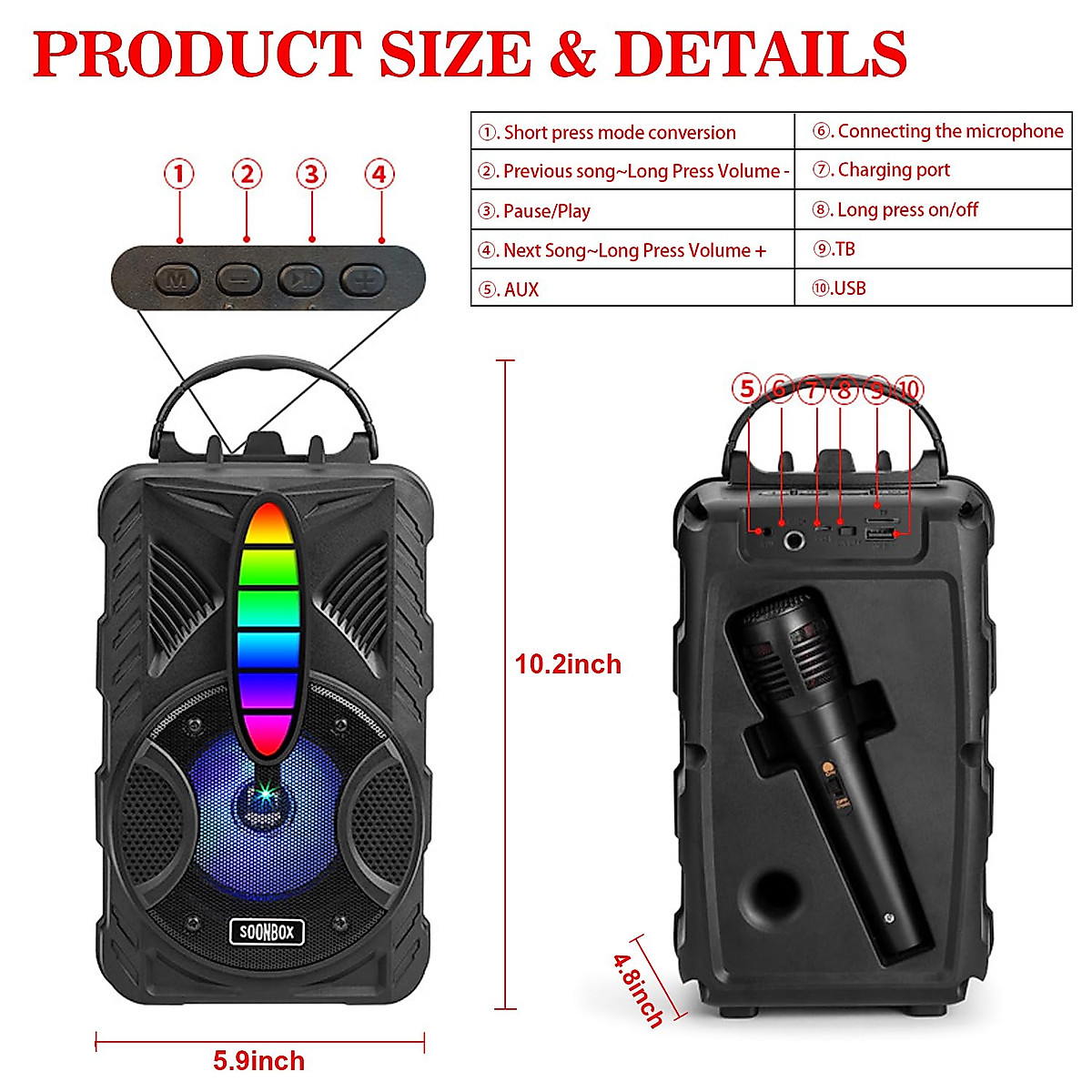 Bluetooth Speaker, IPX5 Waterproof Speaker with HD Sound, RGB Multi-Colors Rhythm Lights, Up to 8H Playtime, TWS Pairing, Portable Wireless Speakers for Home, Outdoor,（Comes with a Microphone）