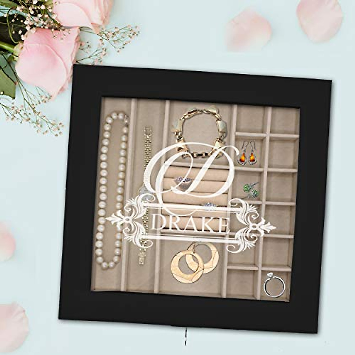 My Personal Memories Custom Personalized Jewelry Box, Tray & Organizer with Glass Top - Customized and Engraved Accessories Gift for Mom, Wife, Her (Large 10.5" x 10.5", Midnight Black)