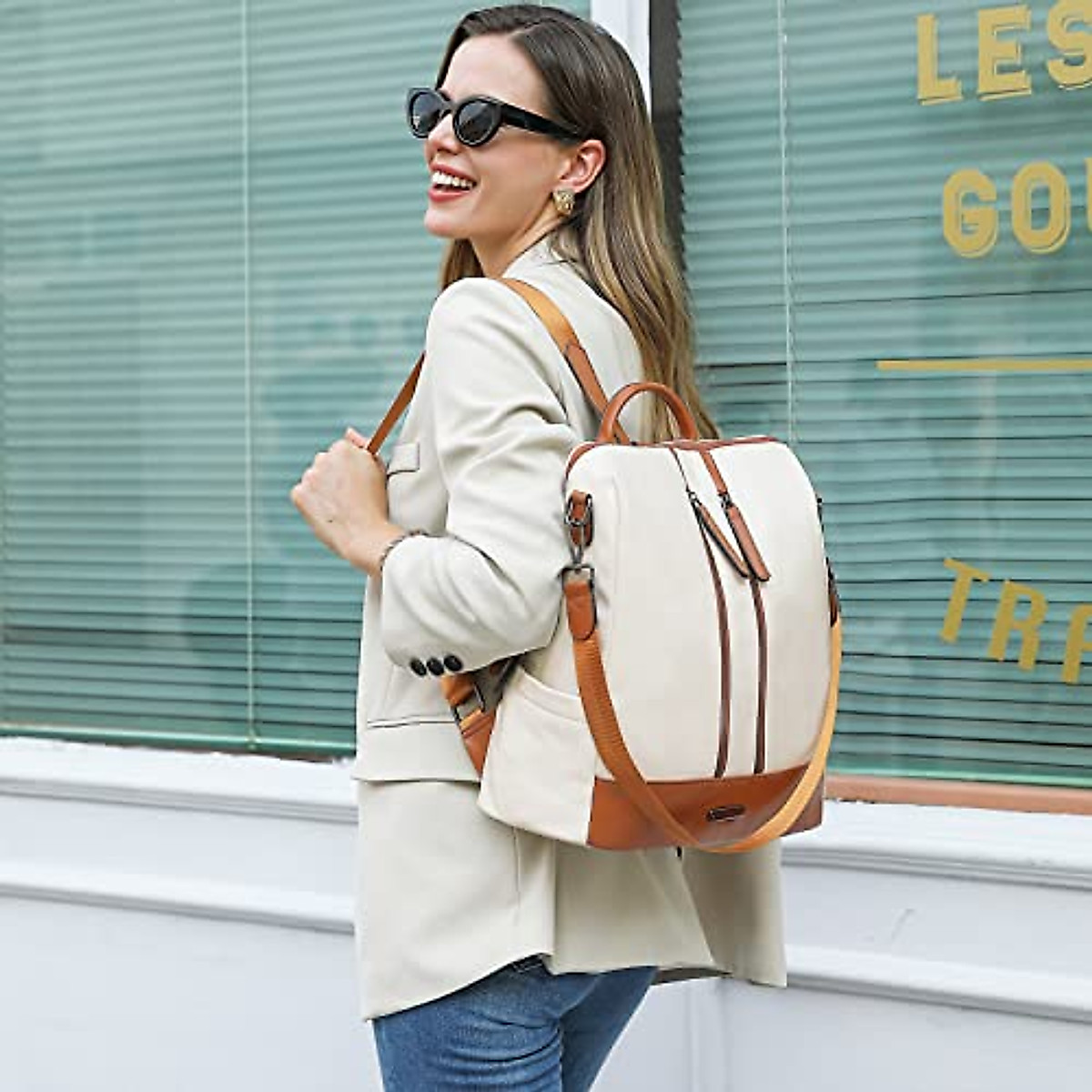 CLUCI Leather Backpack Purse for Women Covertible Travel Large Fashion Casual Lady Detachable Shoulder Bag Beige with Brown