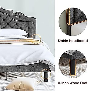 WEEWAY King Bed Frame with Tiara Curved Headboard and High Resilience, Linen Fabric Upholstered Diamond Button Tufted Platform Bed with Wood Slats/No Box Spring Needed/Easy Assembly/Dark Grey