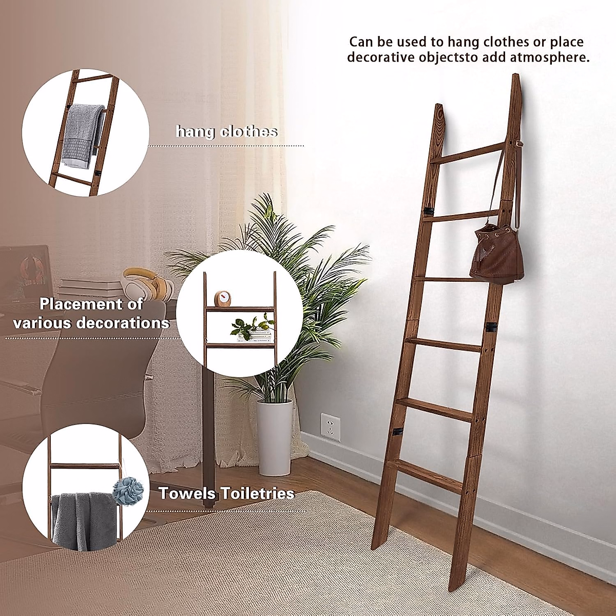 6-Tier Decorative Wooden Blanket Ladder - 5.5 Ft Towel Rack and Wall-Leaning Quilt, Farmhouse Style, Ideal for Living Room, Bathroom, Bedroom - Not for Climbing (Carbon Brown)