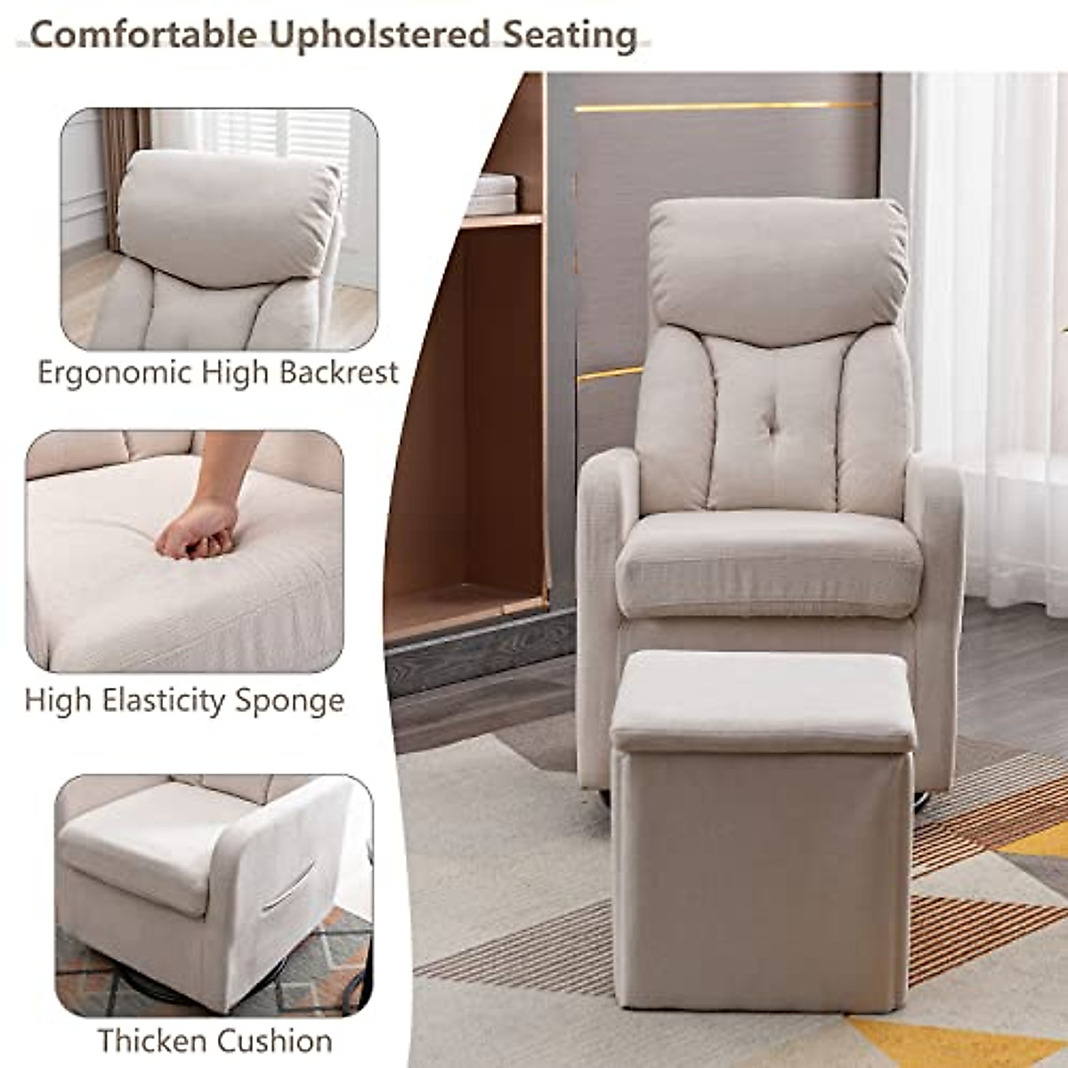 GNIXUU Rocking Chair Nursery, Swivel Glider with Ottoman, Accent Chairs Rocker with Arm for Living Room, Baby Room, Bedroom, Beige