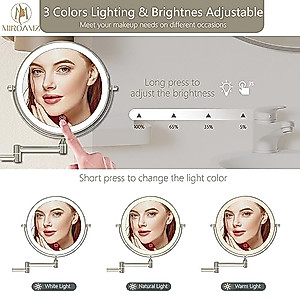 MIROAMZ Rechargeable Wall Mounted Lighted Makeup Vanity Mirror 8 Inch Double Sided 1X 10X Magnifying Bathroom Mirror, 3 Color Lighting, Touch Screen Dimming, 360 Rotation Shaving Mirror Brushed Nickel