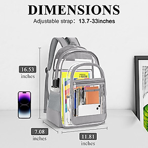KIMNERPU Clear Backpack, Heavy Duty PVC Transparent Backpack with Reinforced Straps, See Through Multiple Pockets Large Capacity Bookbag for Concert Sport Event Work Security Travel Festival (Grey)