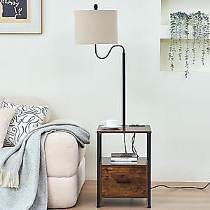 Topotdor Floor Lamp with Table, Wooden End Table Rustic Bedside Nightstand Lamp with Shelves for Living Room Bedroom Home Office, Brown