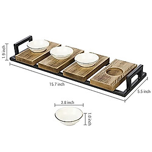 MyGift Black Metal and Burnt Wood Condiment Tray with Handles, White Ceramic Dipping Sauce Bowls for Dip or Appetizers Serving Tray