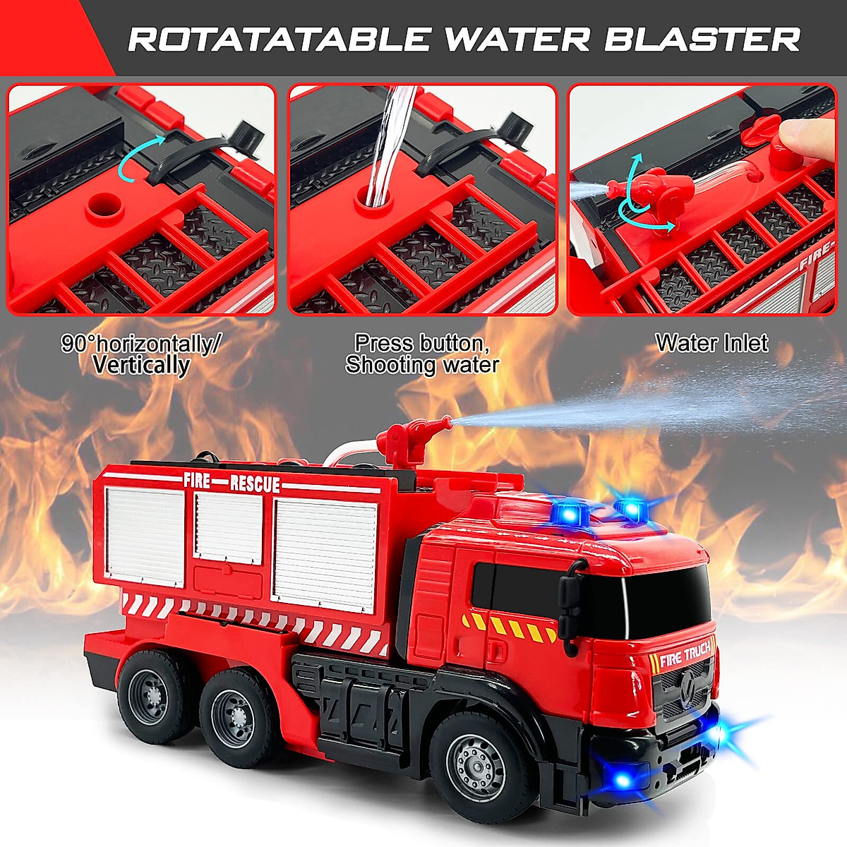 Remote Control Fire Truck With Led Sounds,RC Fire Truck Car Toy With 3pcs Small Firetrucks 10pcs Roadblock Models, One Button Press Spraying Water Transformer Fire Truck Toys For Kids Toddlers Boys