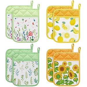 8 Pieces Pot Holders for Kitchen Heat Resistant Designer Pot Holders Hot Pads Pot Holders Lemon Flowers Pot Holders with Pockets and Loops Sunflower Pot Holders Oven Mitts for Baking Restaurant
