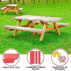 LINPRO 8ft Fitted Picnic Table Cover with Bench Covers. Vinyl Outdoor Camping Picnic Tablecloth, 3 Piece Set Camping Gear. Waterproof, Stain Resistant, Reusable. Flannel Backing with Elastic Edges.96