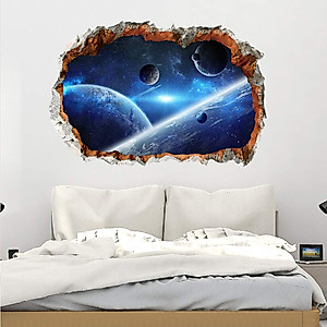 HERRA 3D Planet Universe Galaxy Outer Space Wall Decal Spacecraft Astronaut Wall Stickers, Peel and Stick Removable Space Capsule Window Wall Stickers Wall Mural for Kids Room (blue2)