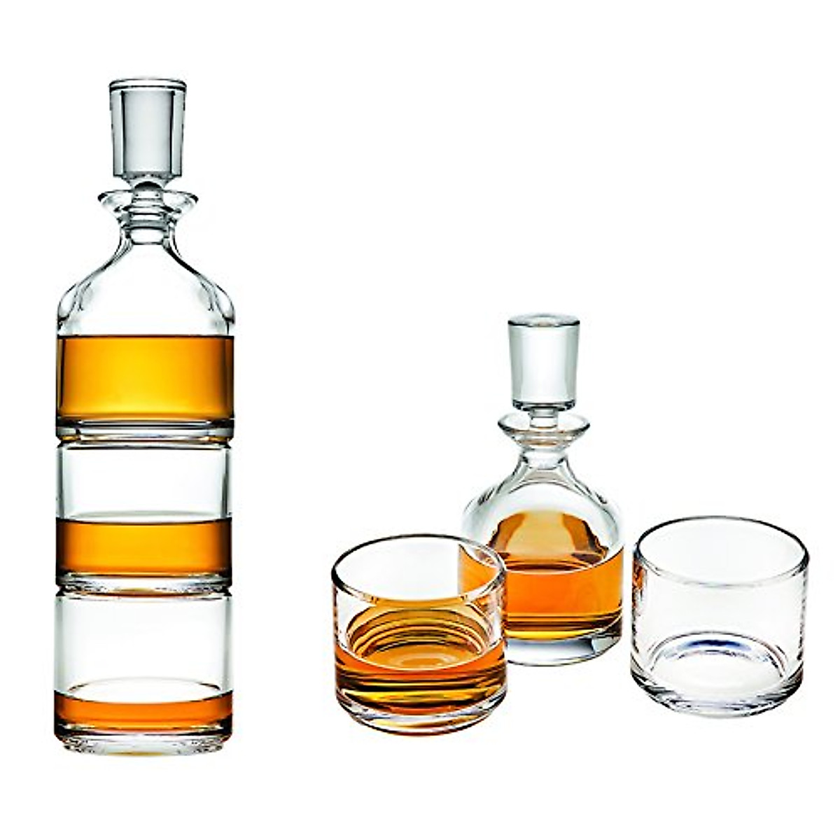 Godinger Stackable Whiskey Decanter and Whisky Glasses 3 pc set, for Liquor Scotch Bourbon or Wine